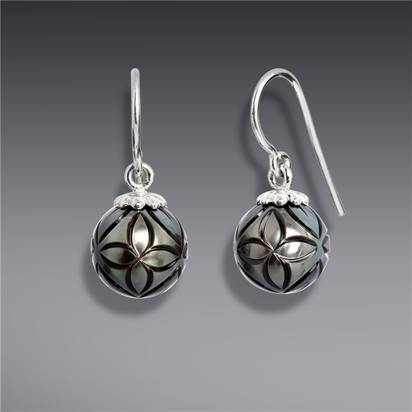 Galatea Carved Tahitian Pearl Earrings Floral Style - Pearls