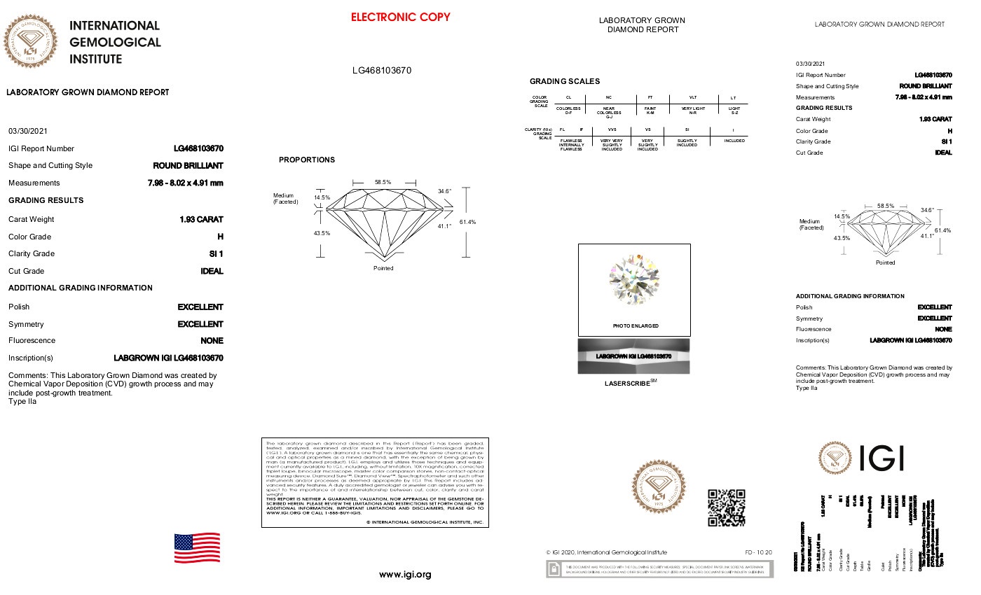 1.96ct Round Brilliant Lab Grown Diamond, H color, SI1 clarity and ...
