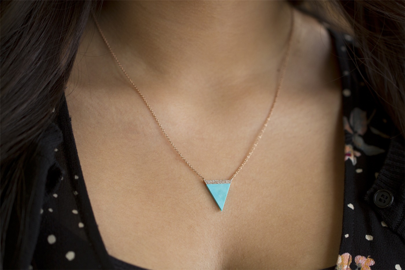 14K Rose Gold, Turquoise and Diamond Triangle Necklace by Bassali